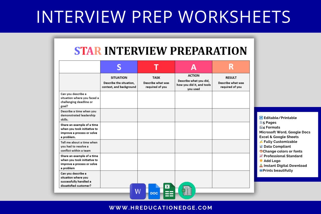 STAR Method Interview Worksheet: Job Interview Prep (word, Excel ...