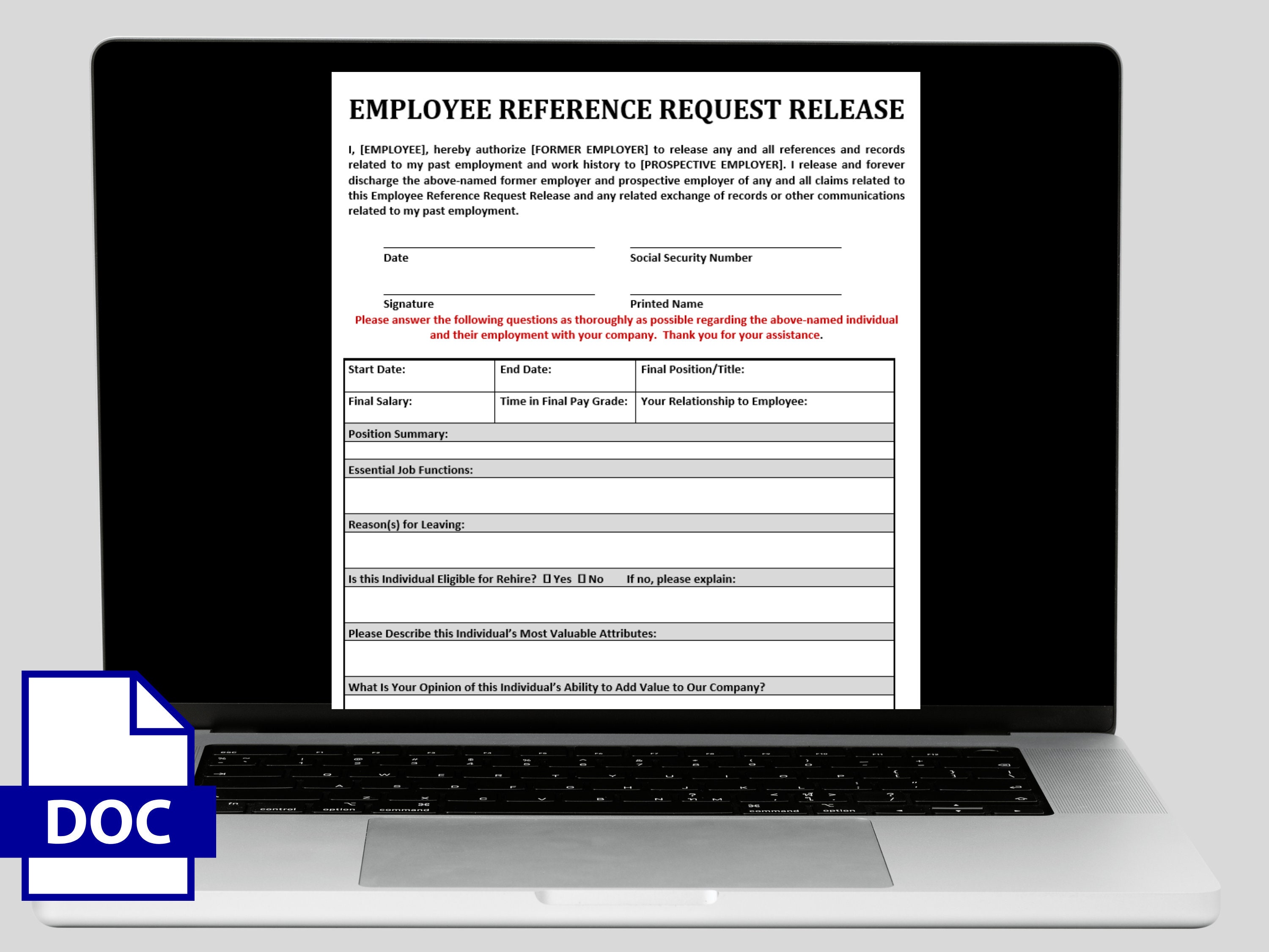 Employee Reference Request Release HR Template MS Word Editable Form - Etsy