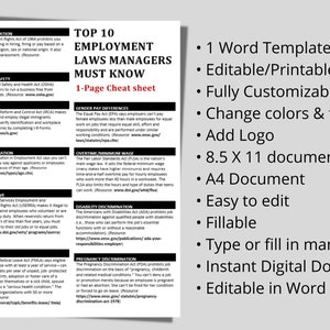 Employment Law Cheat Sheet for Managers - Top 10 (editable Word) - Etsy