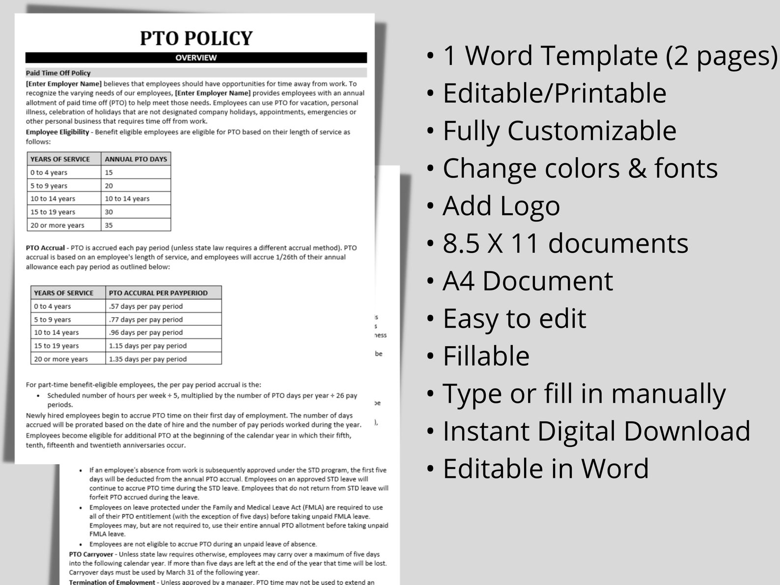 Editable PTO Policy Template: Employee Time-off HR Form (digital ...
