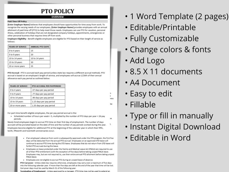 Editable PTO Policy Template: Employee Time-off HR Form (digital ...