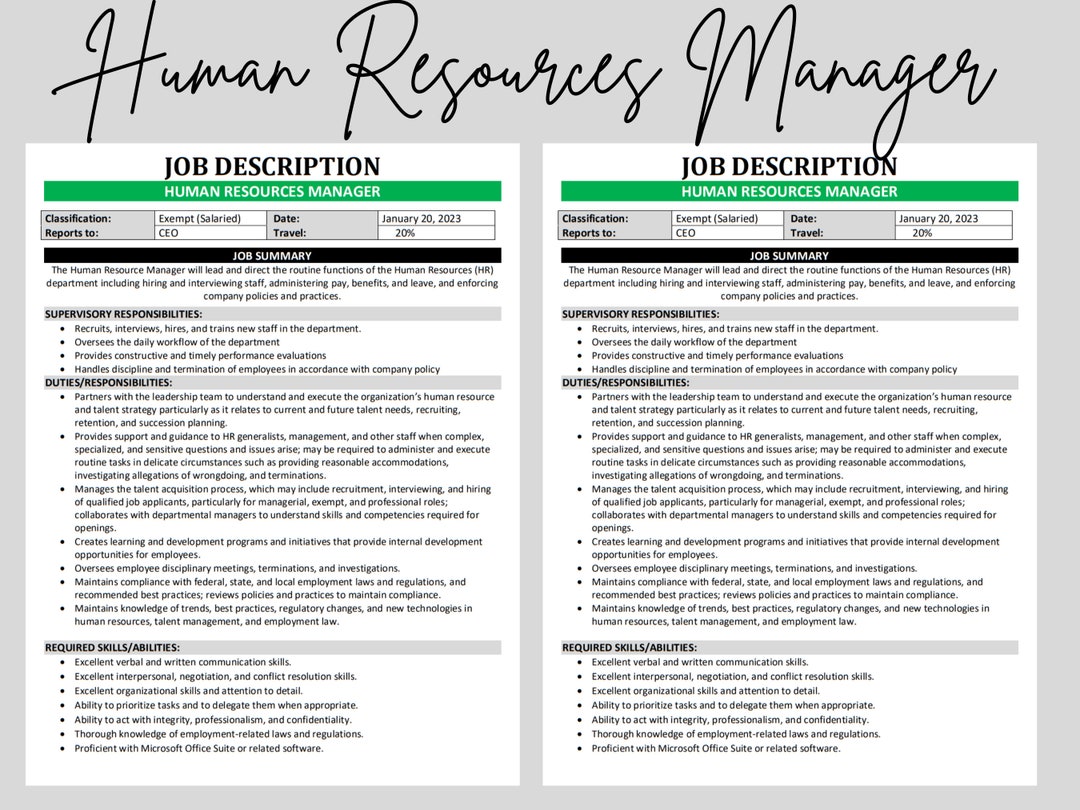 Human Resources Manager Job Description MS Editable Word - Etsy