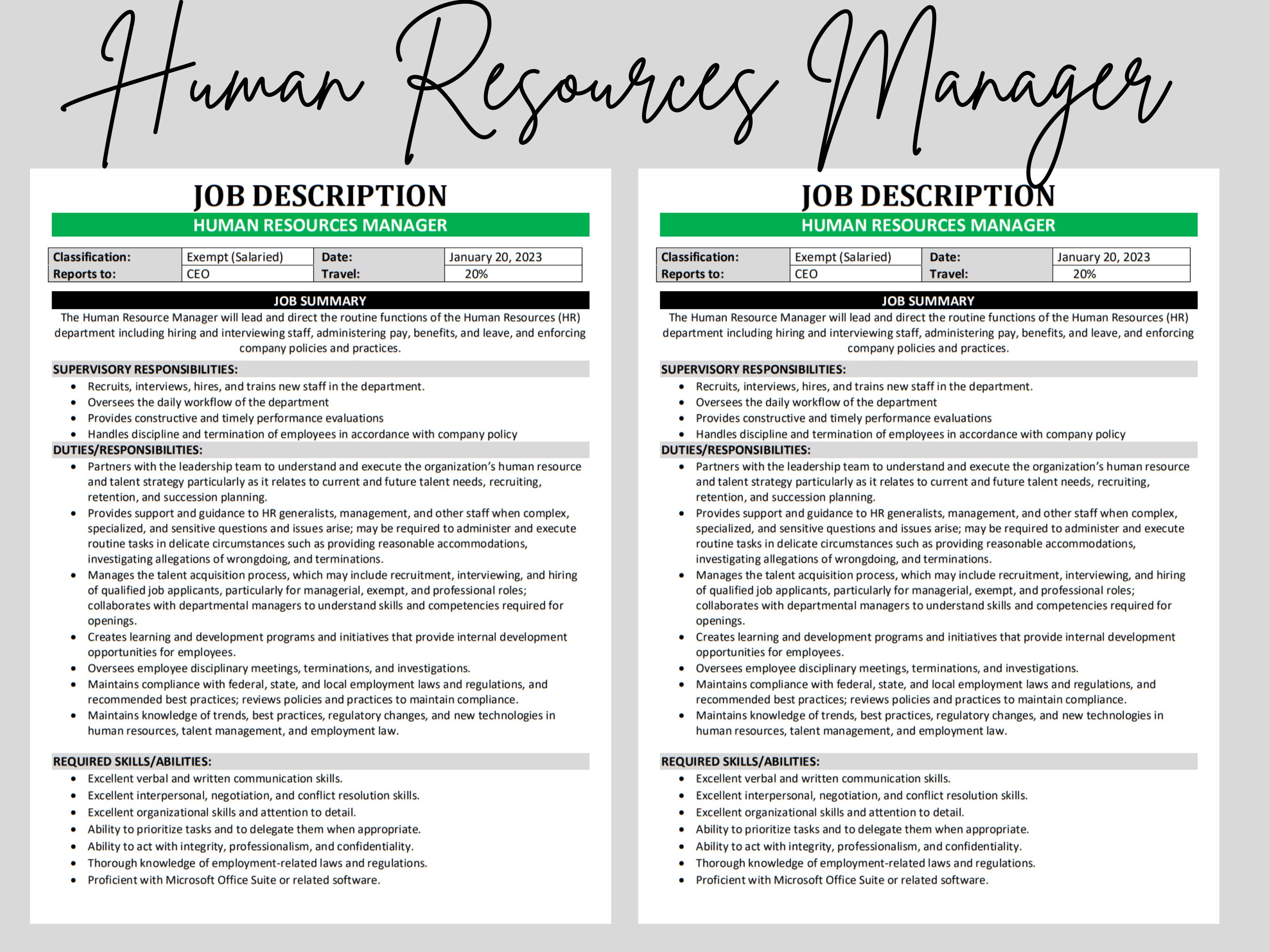 Human Resources Manager Job Description MS Editable Word - Etsy