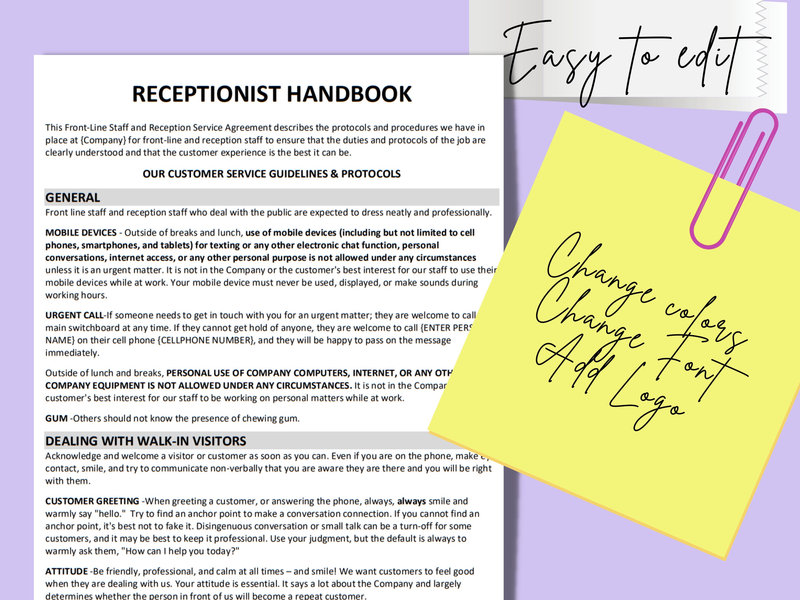 Receptionist Handbook Template Word Editable Template - Etsy