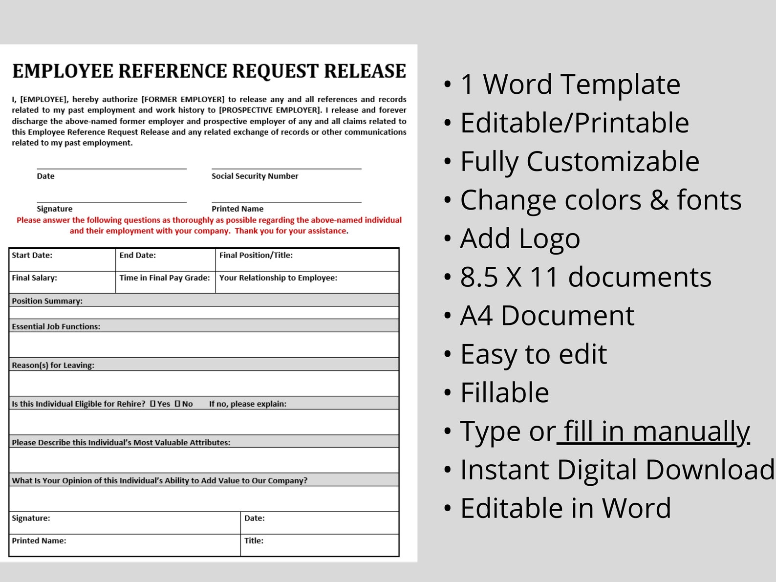 Employee Reference Request Release HR Template MS Word Editable Form - Etsy