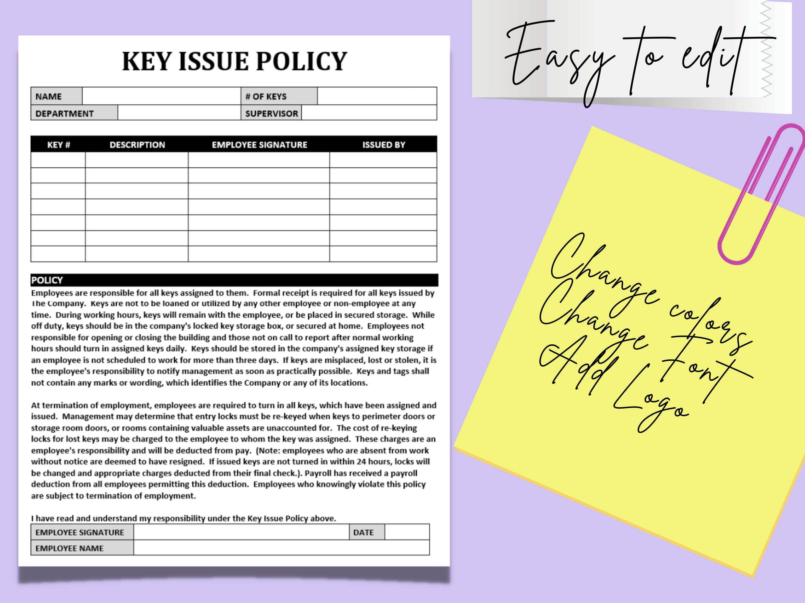 Key Issue Policy Editable HR Form HR Template Human Resource Form ...