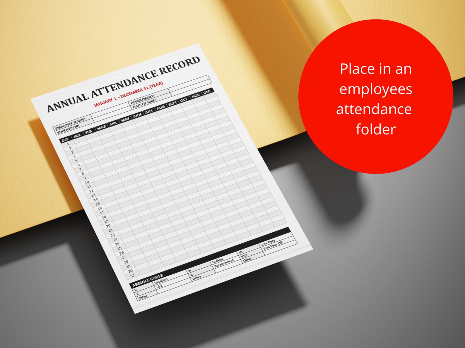 Employee Attendance Annual Record Absence Tracker Yearly Absences ...