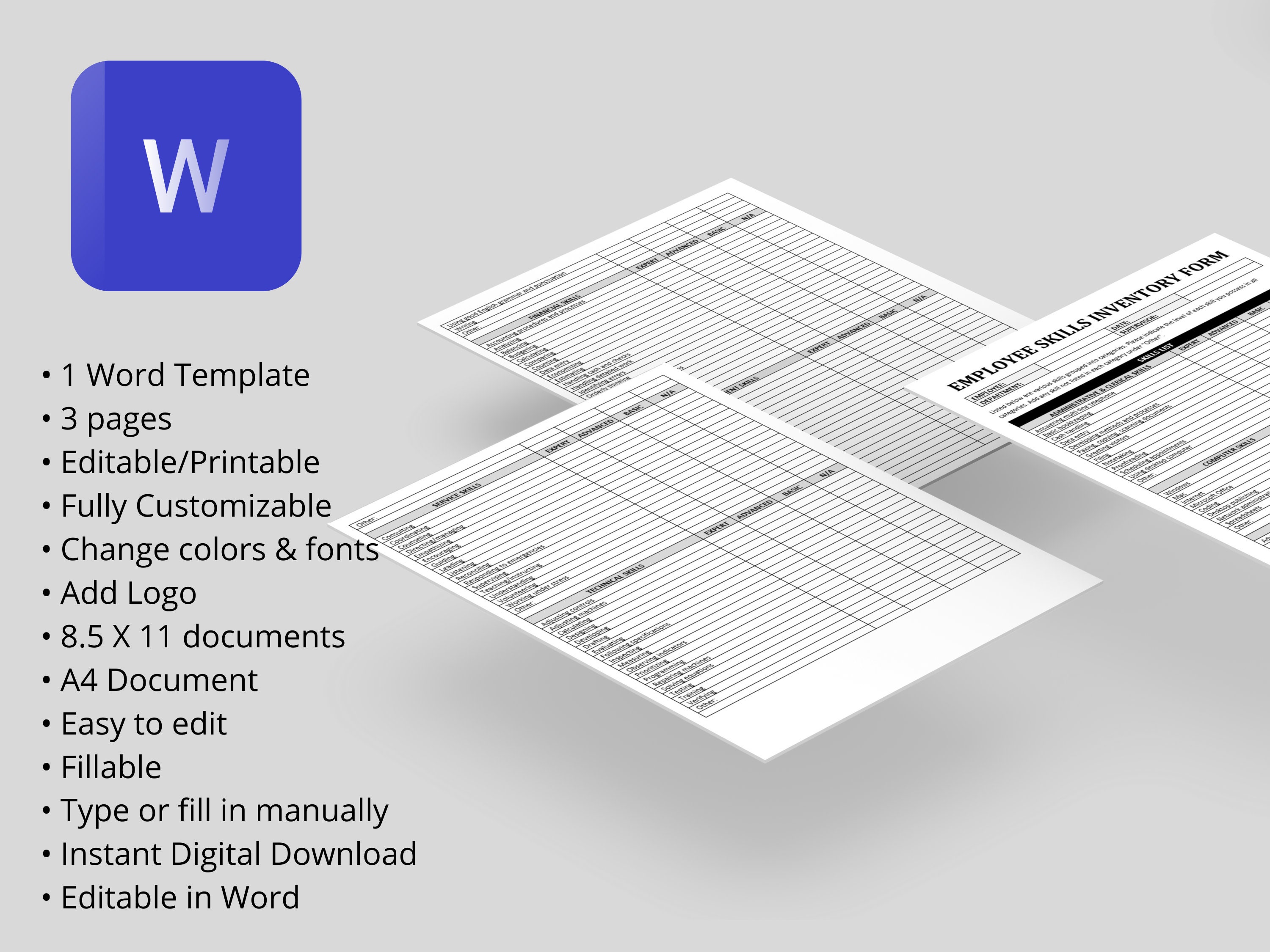 Employee Skills List: Editable Word Document, HR Template, Human ...