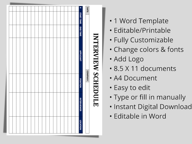 Interview Schedule Template Editable Word Form HR Template Human ...