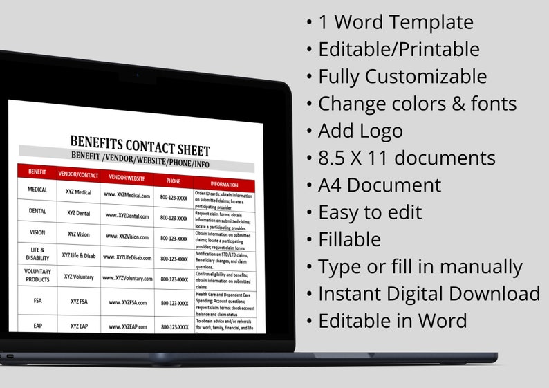 Benefits Contact Sheet Employee HR Templates HR Forms and Documents ...