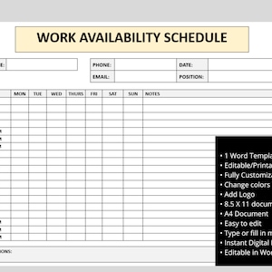 Employee Availability Form: Weekly & Hourly Schedule Template Work ...