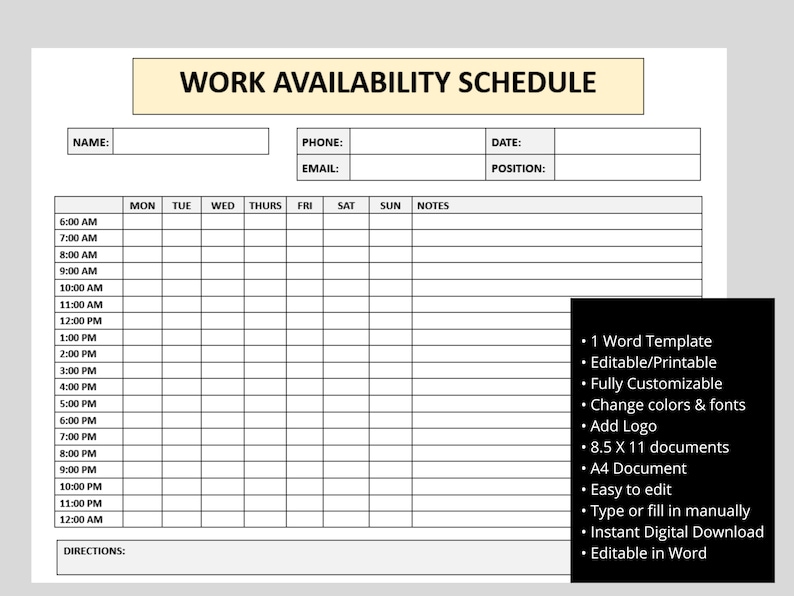 Employee Availability Form: Weekly & Hourly Schedule Template Work ...