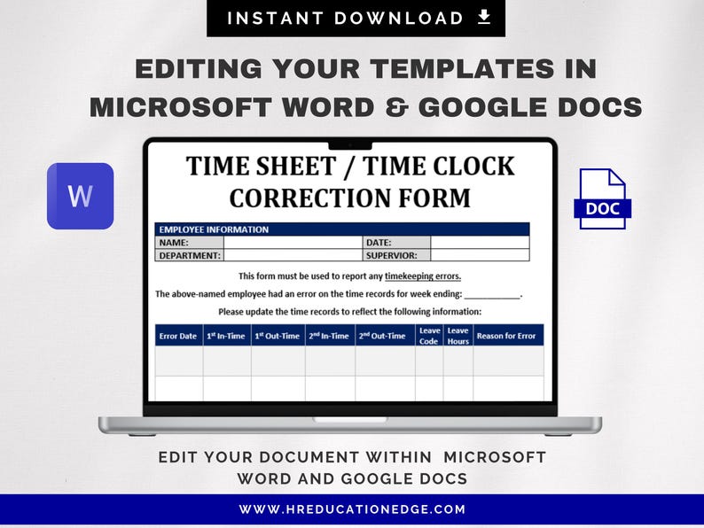 Time Clock Correction Form: Missed Punch Form, Employee Payroll ...