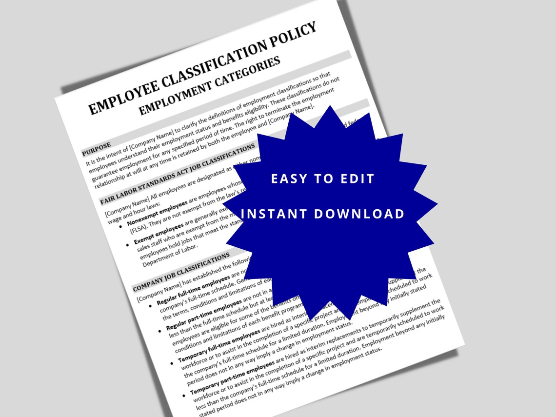 Employee Classification Policy Template: Editable HR Word Form (digital ...