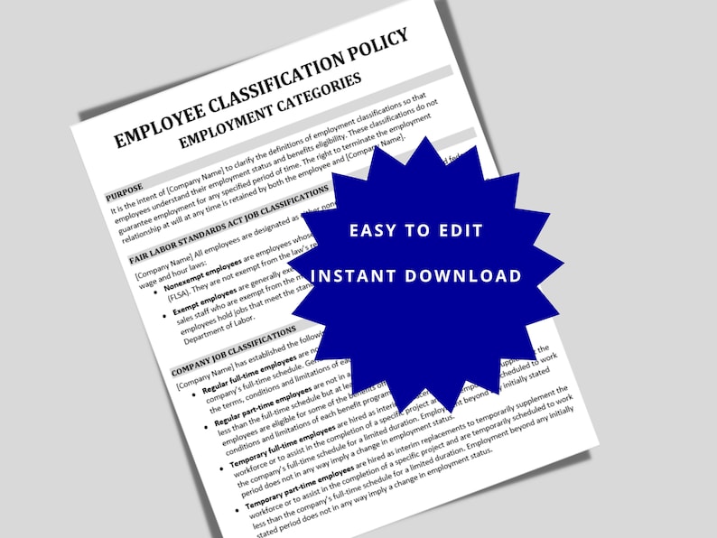 Employee Classification Policy Template: Editable HR Word Form (digital ...