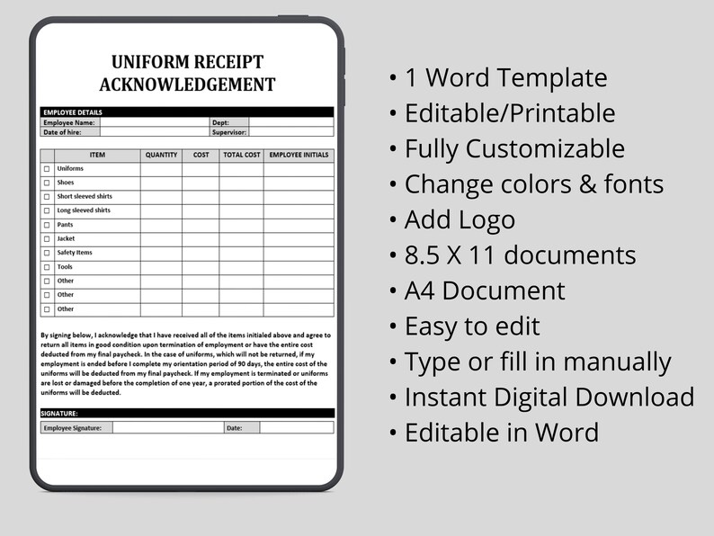 Employee Uniform Agreement Template: HR Forms (MS Word) - Etsy