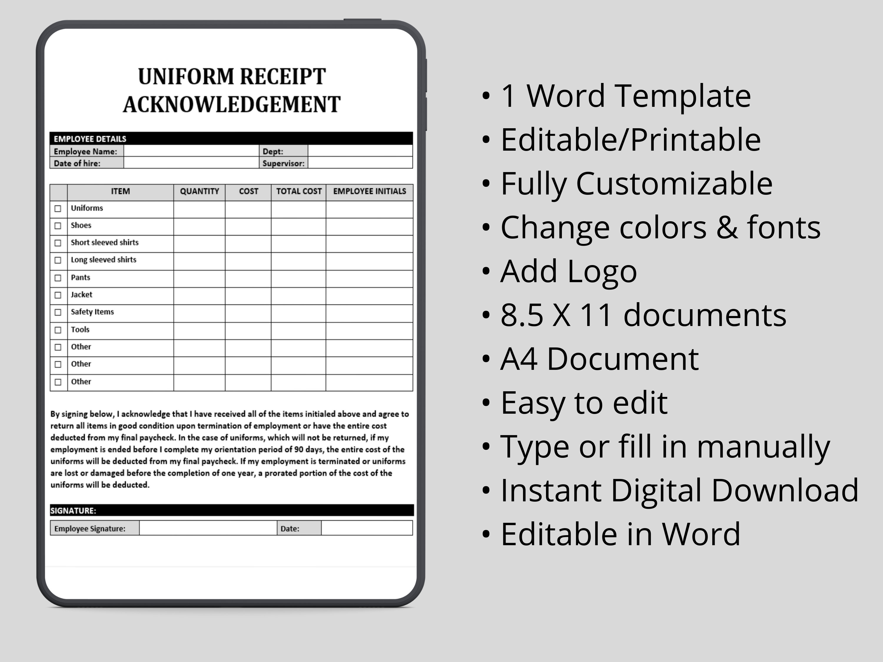 Uniform Authorization Form | Employee Uniform Agreement Template ...