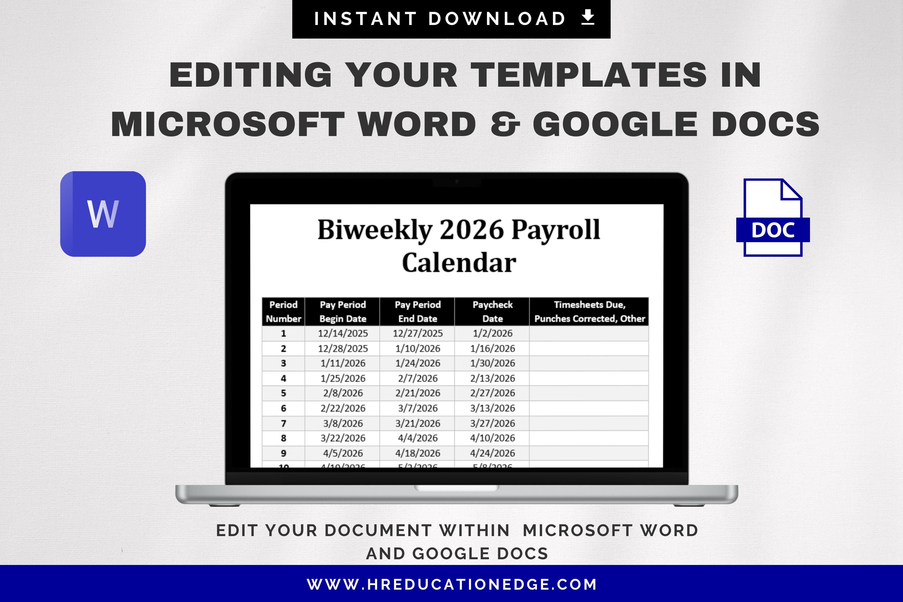 2026 Biweekly Payroll Calendar Template: Editable MS Word & Excel ...