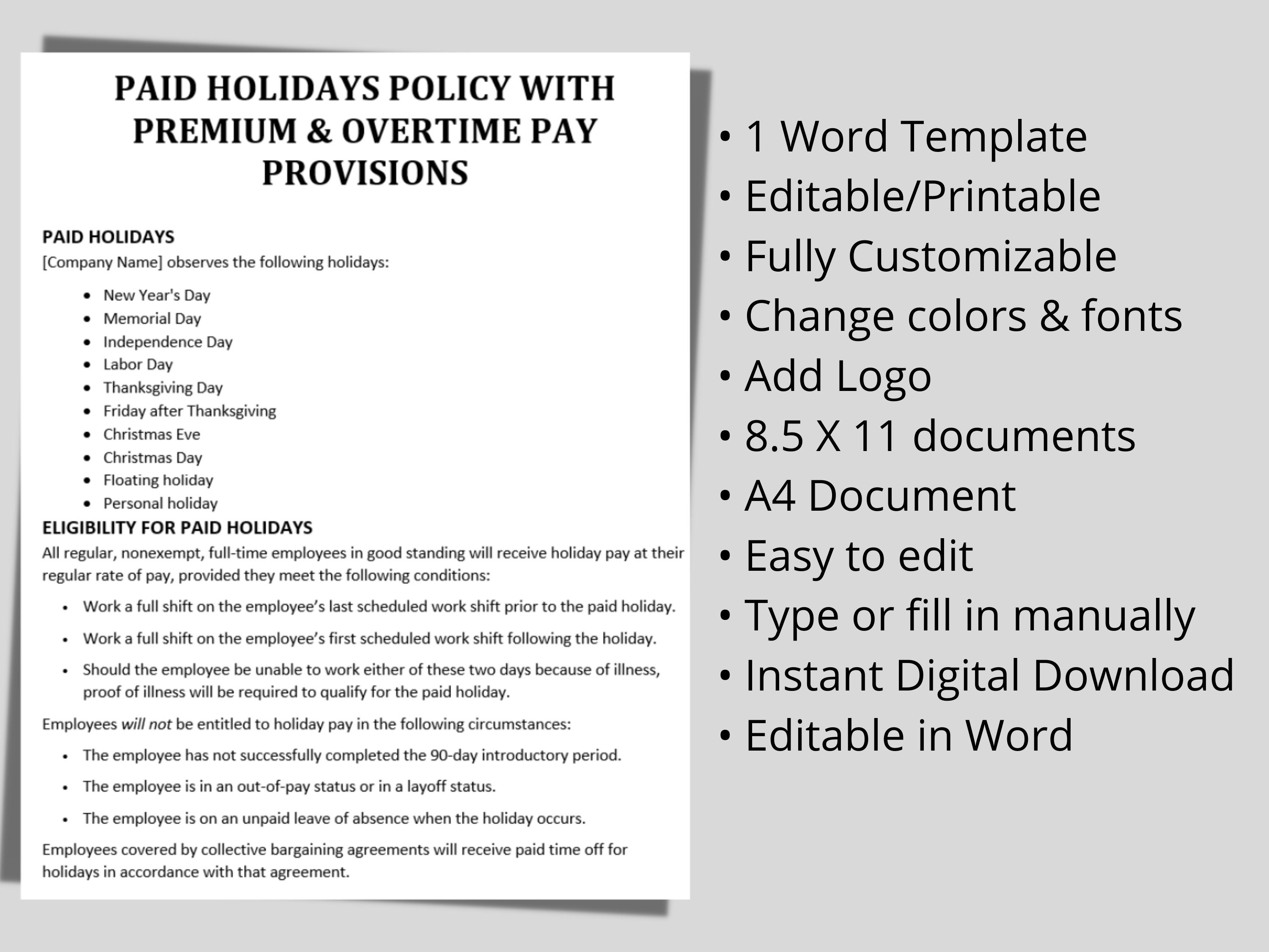 Holiday Pay Policy Template: Employee Leave & Overtime (digital ...