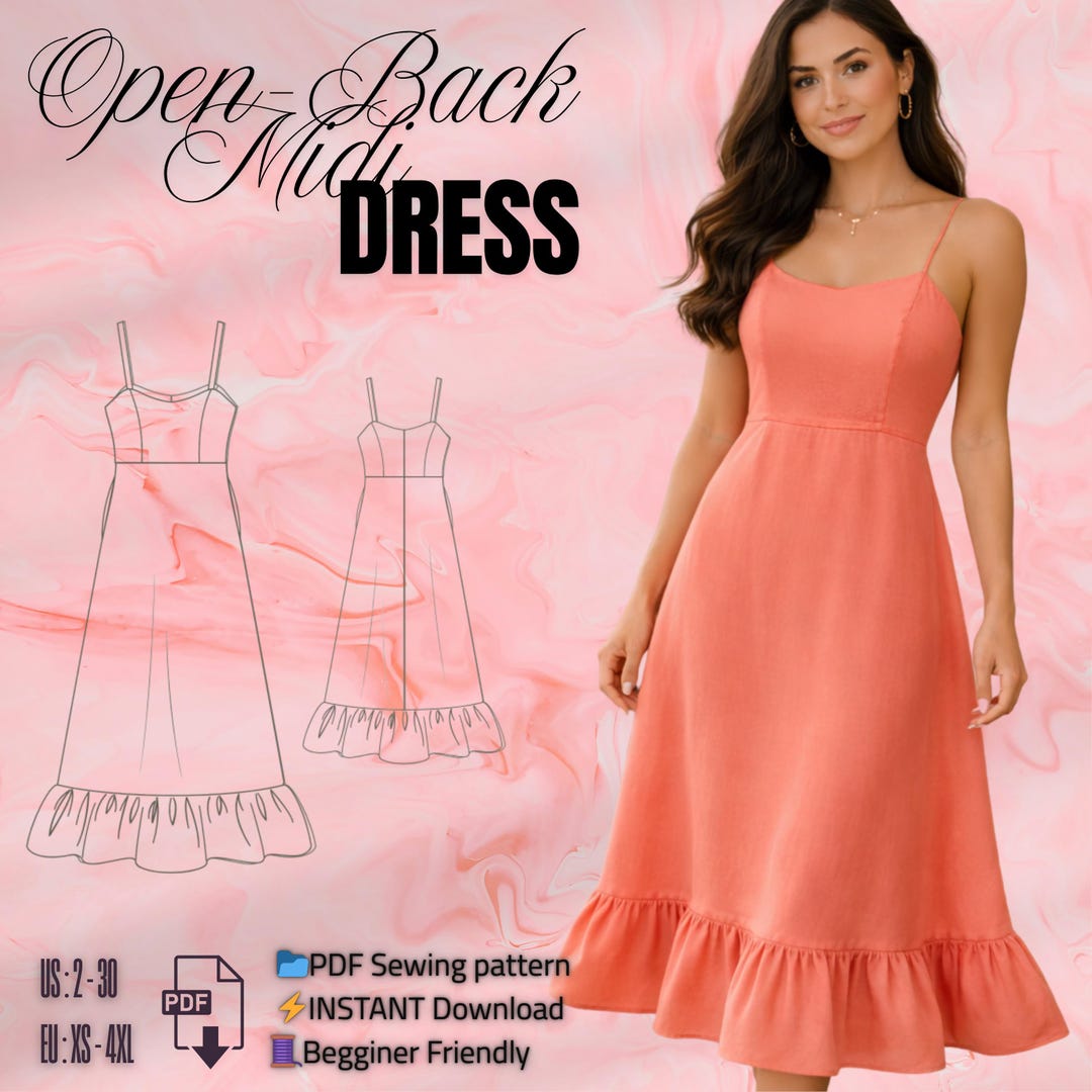 Midi Dress Sewing Pattern PDF | Boat-neck Open-back Dress, Fitted ...