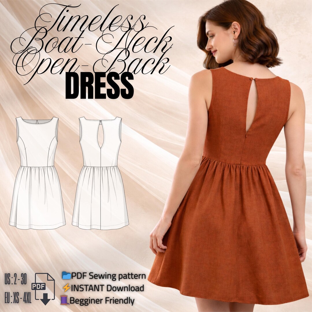 A-line Dress Sewing Pattern PDF | Sleeveless Boat-neck Open-back Dress ...