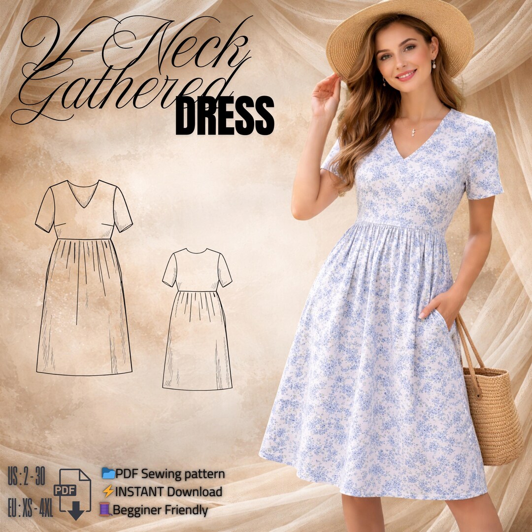 Midi Dress Sewing Pattern PDF | V-neck Loose Fit Pocket Dress, Beginner ...