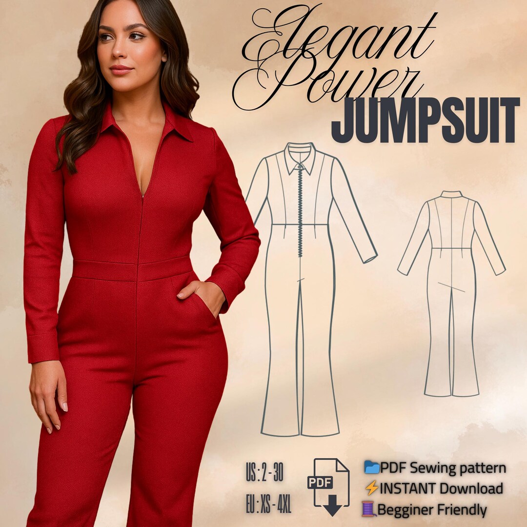 Jumpsuit Sewing Pattern PDF | Tailored Modern One-piece, Fitted Waist ...