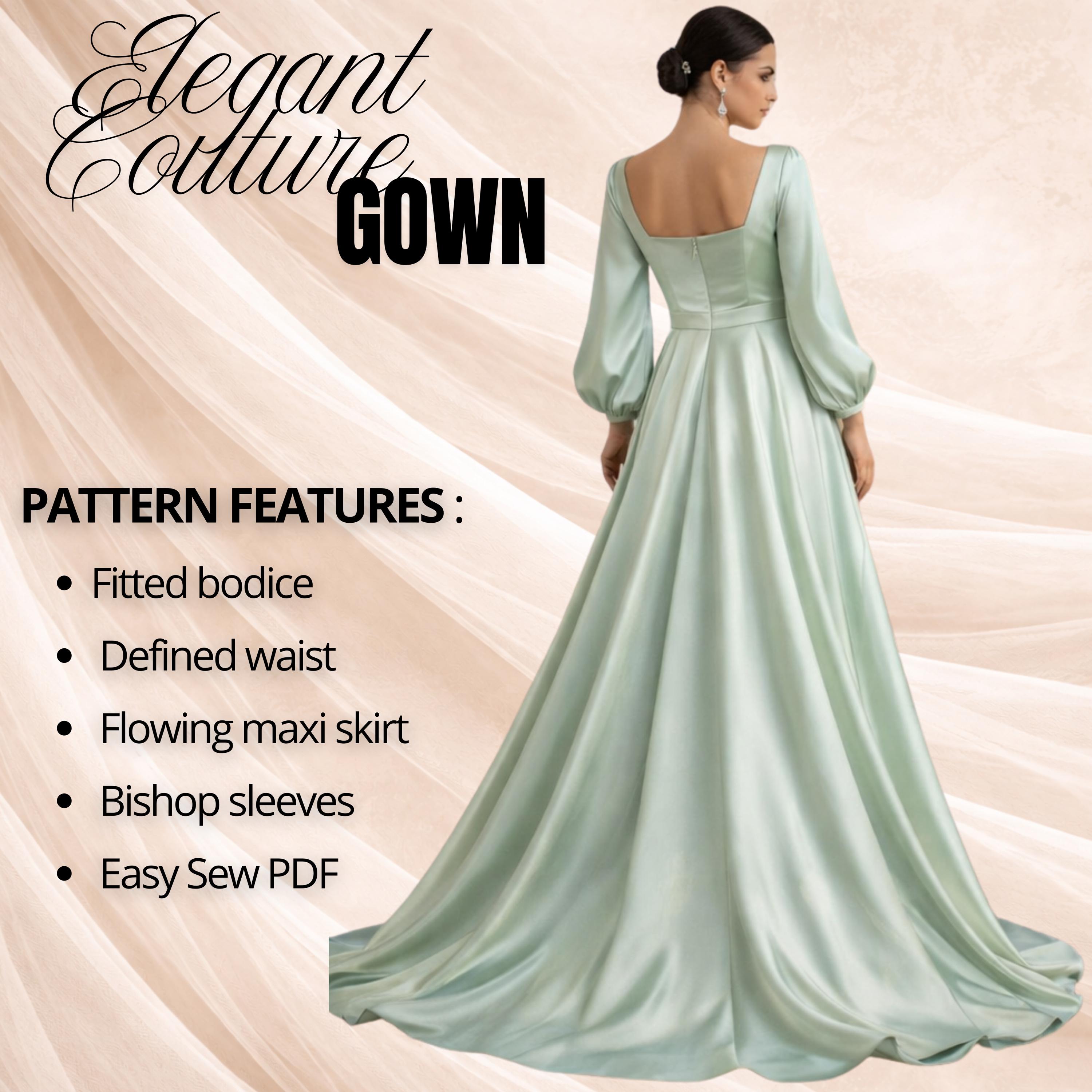 Bridal Evening Gown Sewing Pattern PDF | Elegant Bishop Sleeve Square ...
