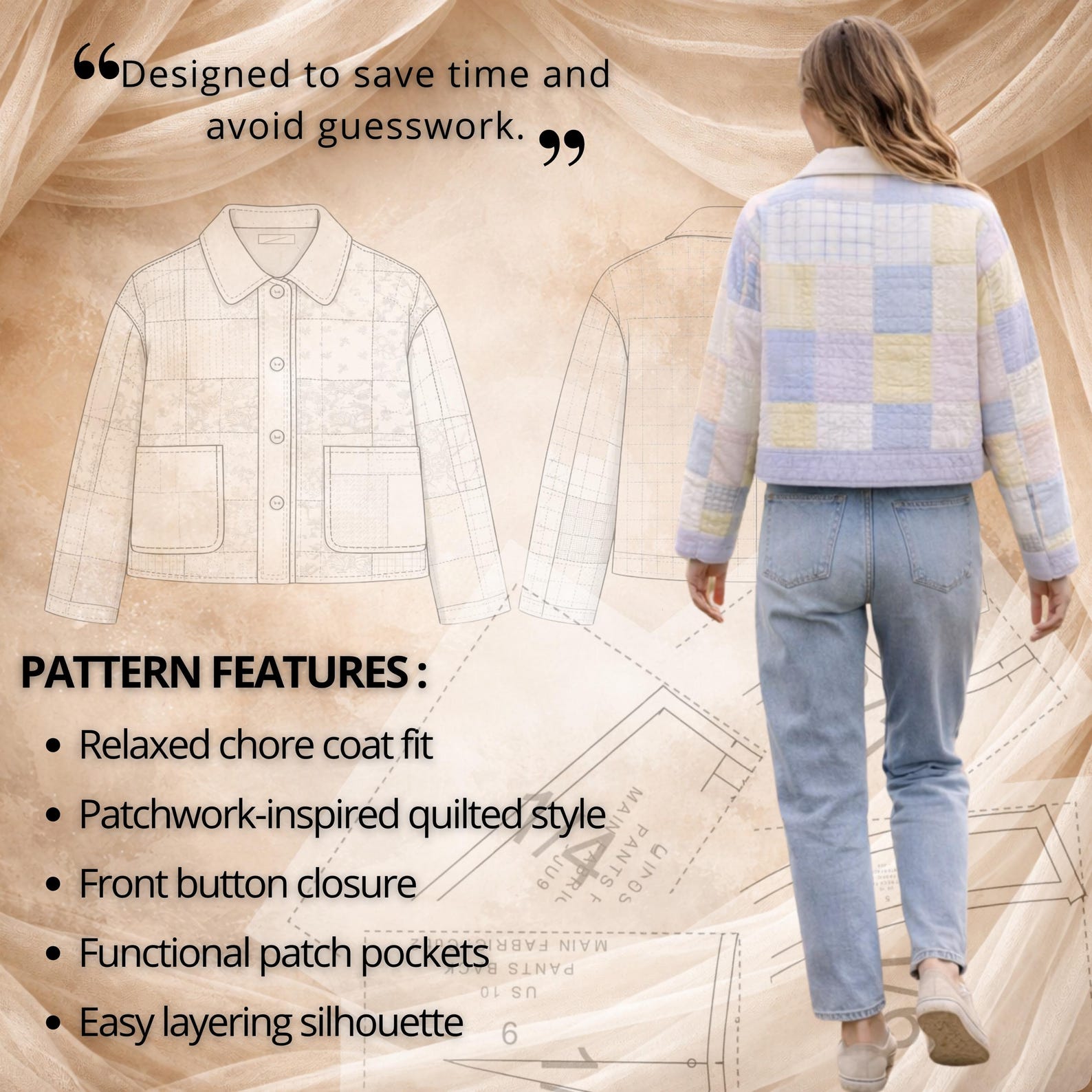 Quilt Jacket Sewing Pattern PDF, Patchwork Chore Coat Pattern, Quilted ...