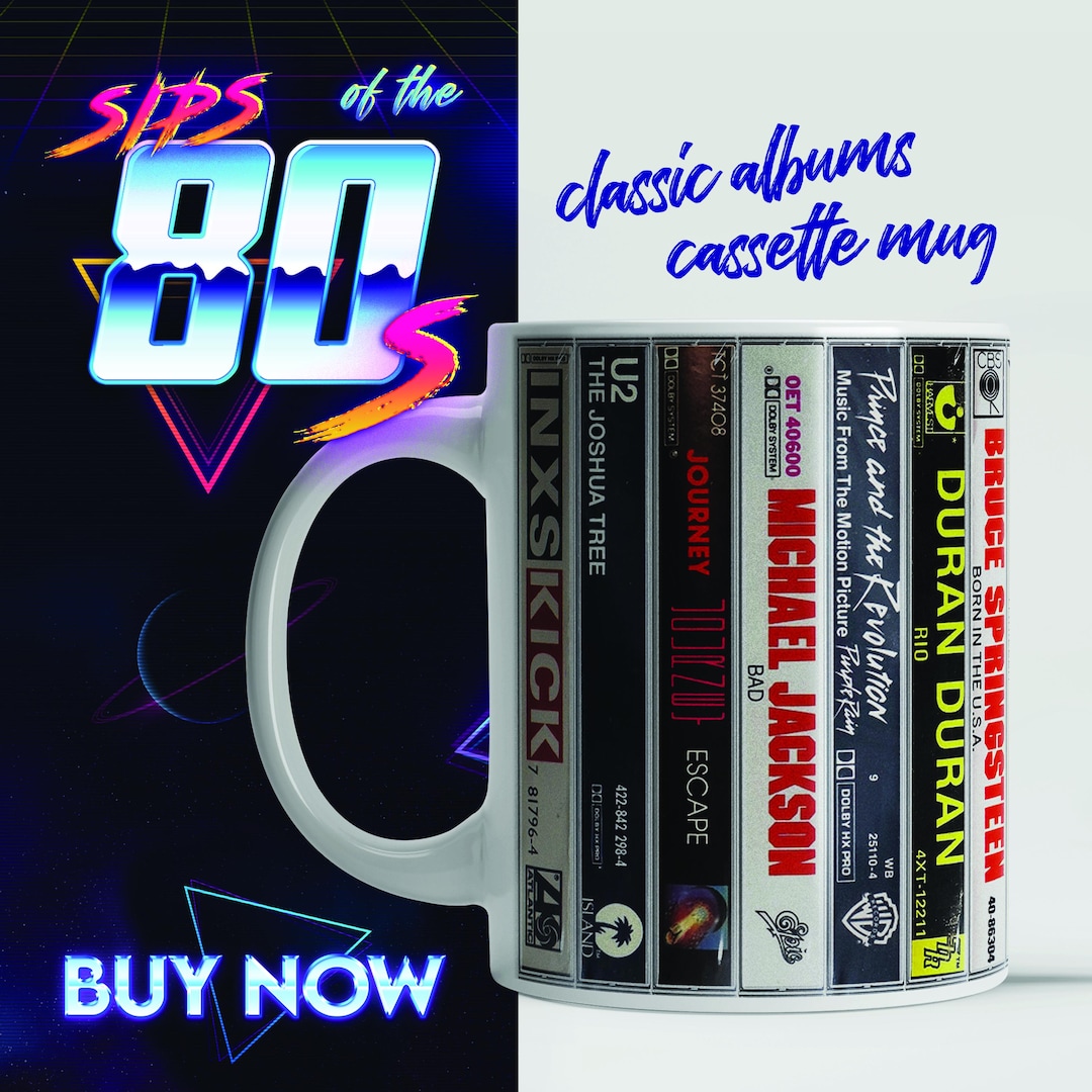Sips of the 80s - Classic Album Covers on a Retro Cassette Mug (custom ...