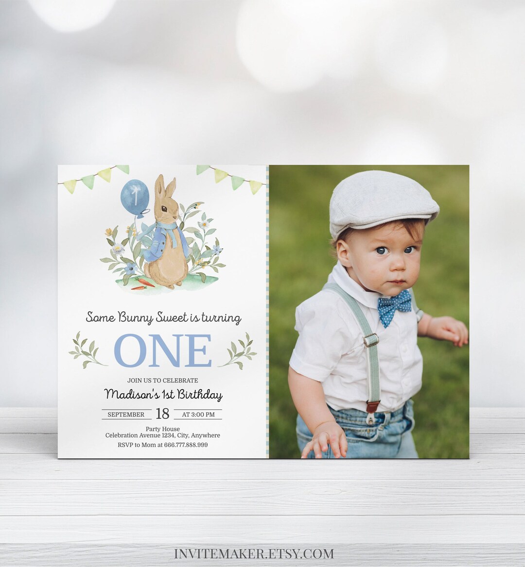 Peter Rabbit 1st Birthday Invitation Boy With Photo Corjl - Etsy