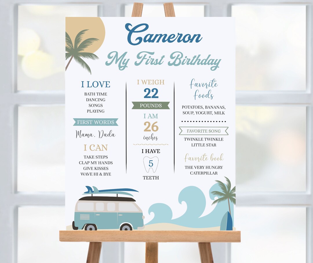 Surf Birthday Milestone Poster Surfer 1st Birthday Stats - Etsy