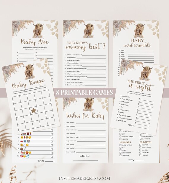 Highland Cow Baby Shower Games Set of 8 Printable Boho Game - Etsy ...