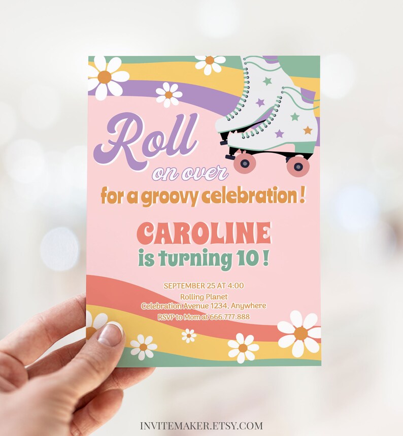 Editable Roller Rink Groovy Birthday Party Invitation Template - Etsy