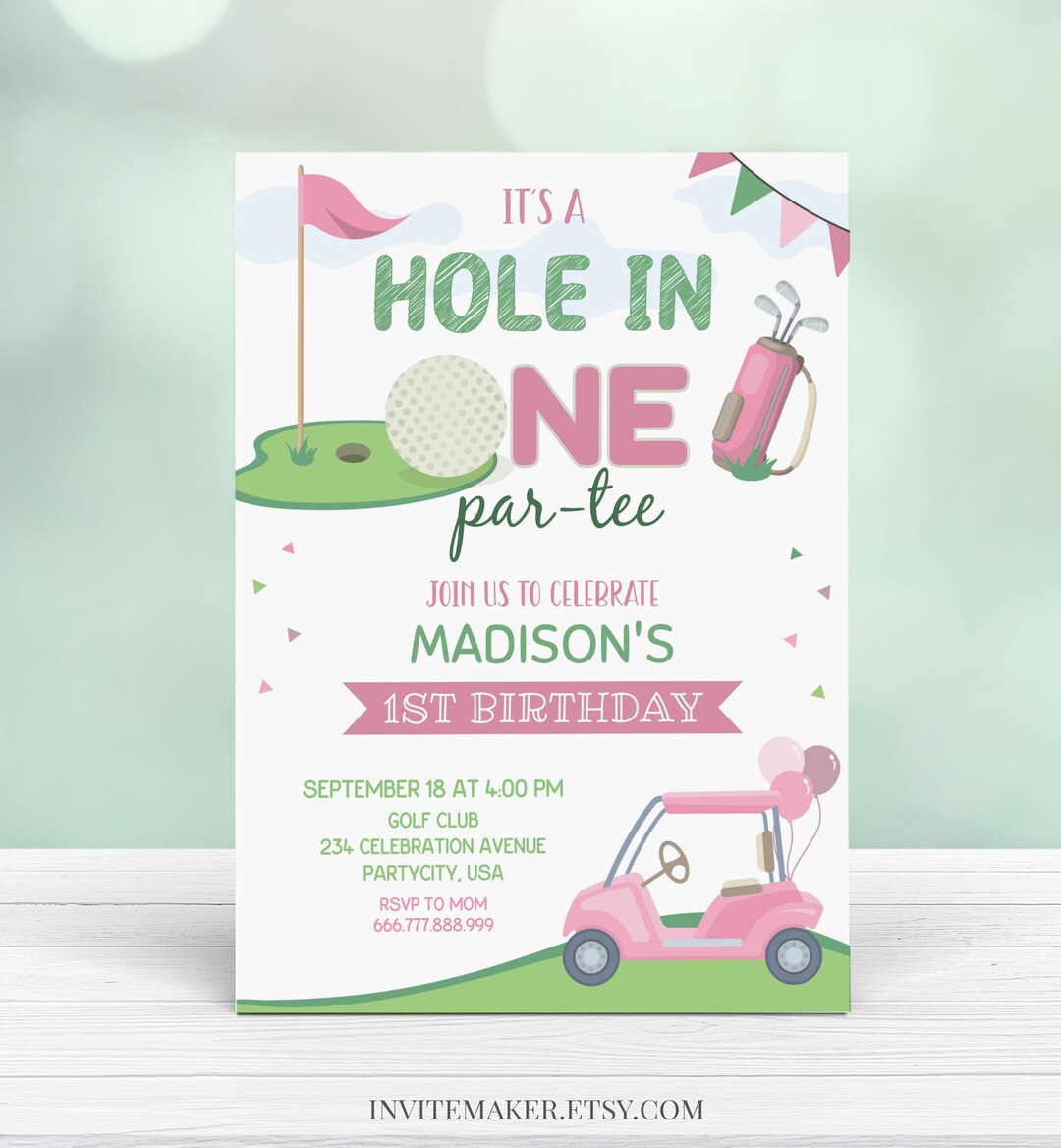 Girl 1st Birthday Golf Party Invitation Hole in One Invite - Etsy