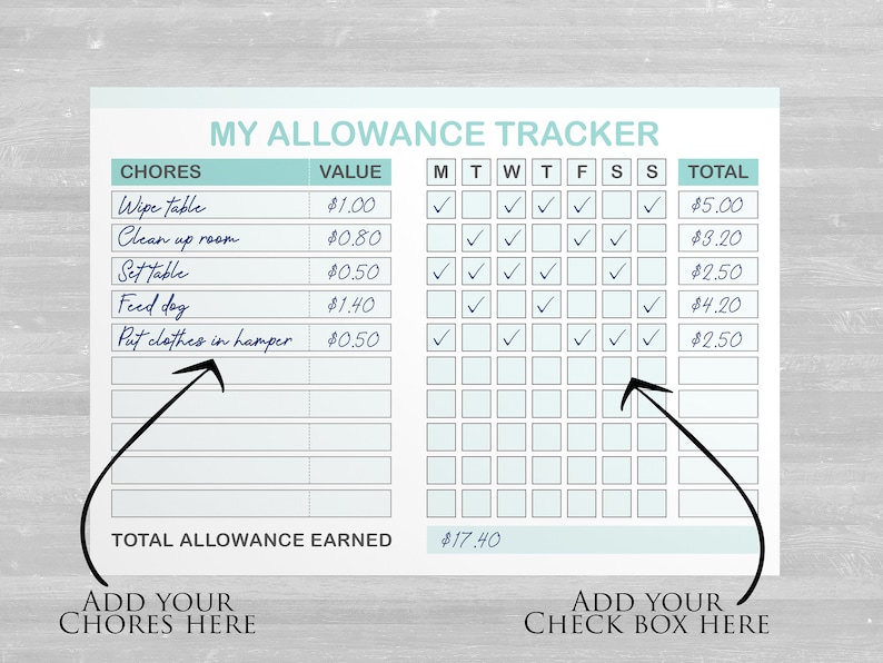 Allowance Tracker for Kids, Allowance Chart for Childs, Allowance Chore ...