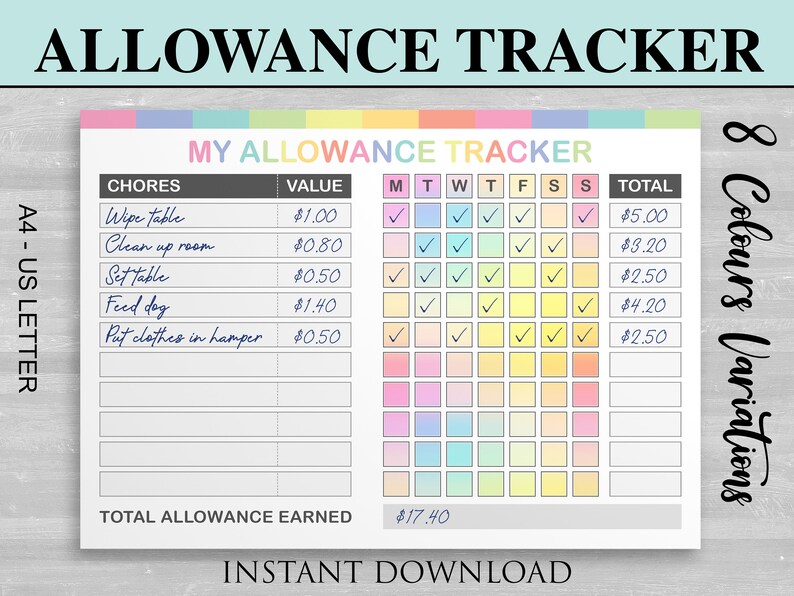 Allowance Tracker for Kids, Allowance Chart for Childs, Allowance Chore ...