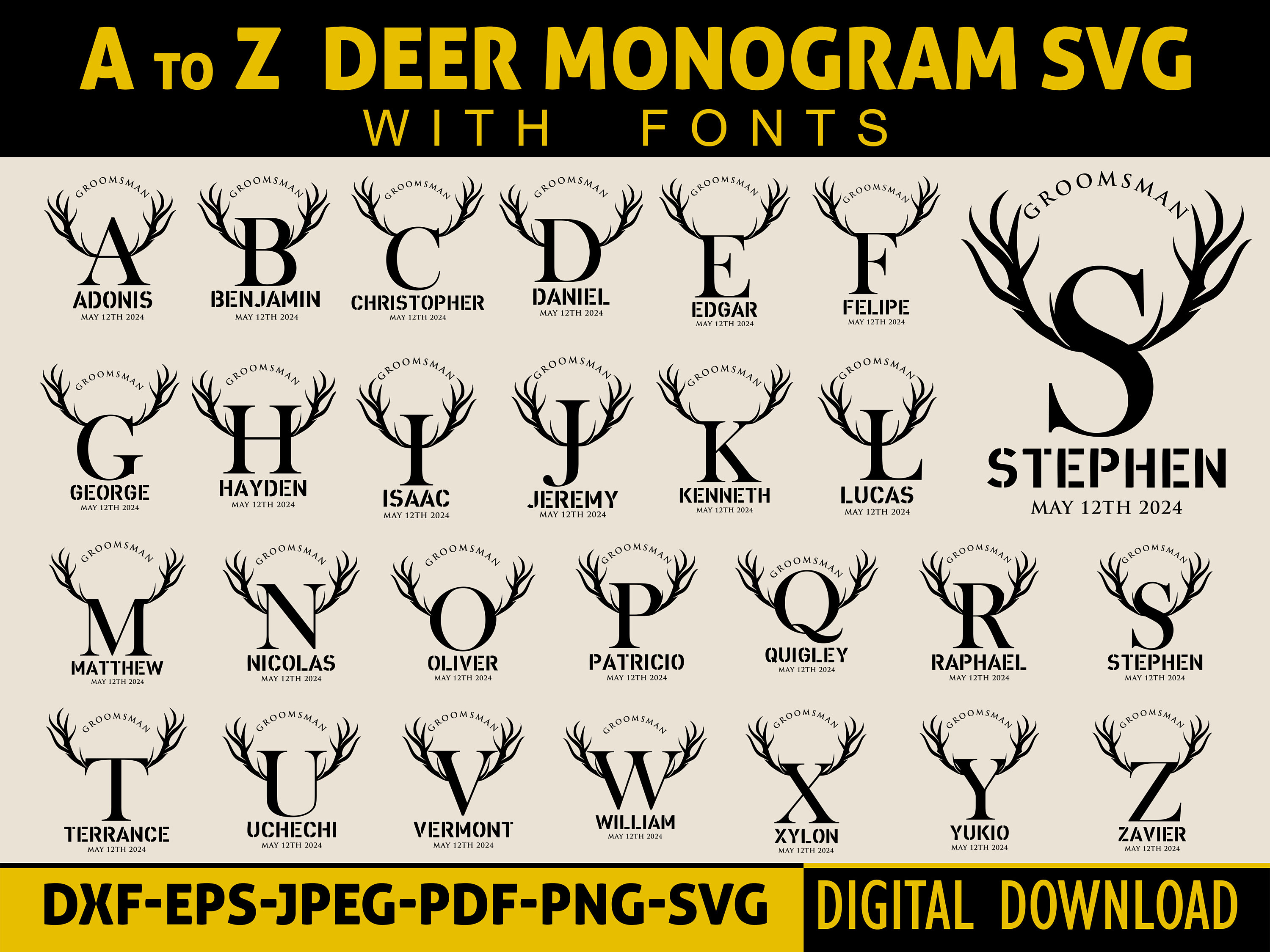 Deer Monogram SVG I Deer Silhouette I Deer Antlers I Best Man I ...
