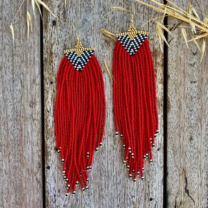Extra Long Red Beaded Fringe Earrings, Seed Bead Earrings Dangle Boho ...