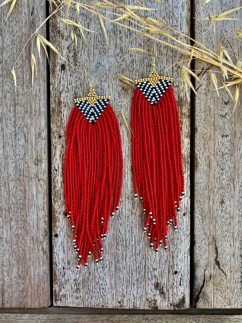 Extra Long Red Beaded Fringe Earrings Seed Bead Earrings Etsy