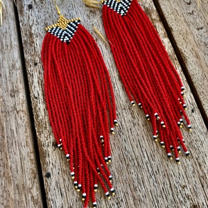 Extra Long Red Beaded Fringe Earrings, Seed Bead Earrings Dangle Boho ...