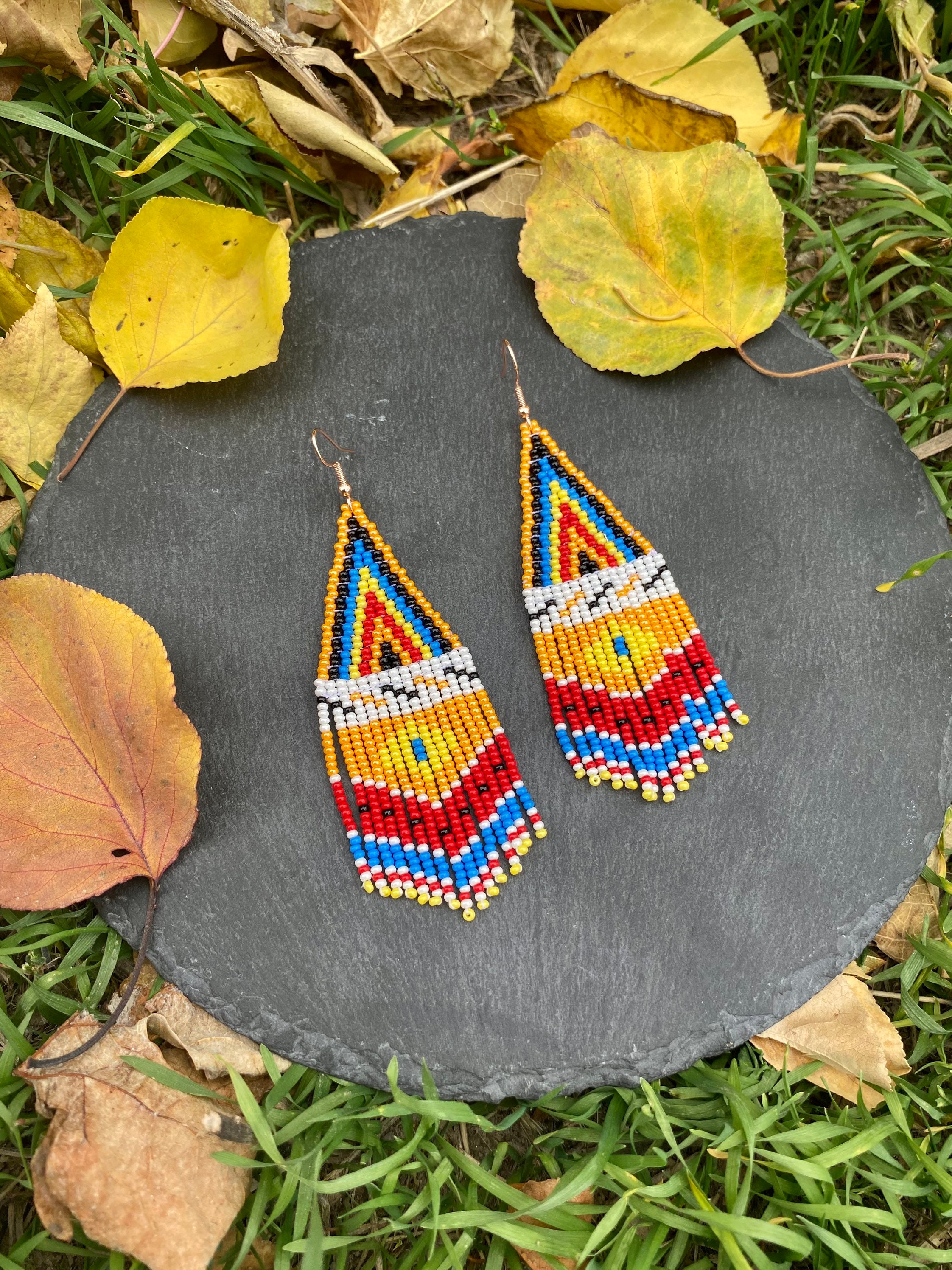 Geometric Beaded Earrings Native Beaded Fringe - Etsy