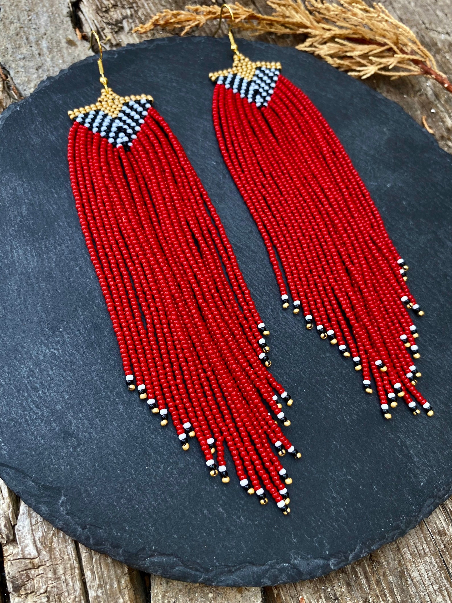 Extra Long Red Beaded Fringe Earrings, Seed Bead Earrings Dangle Boho ...
