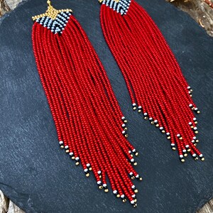 Extra Long Red Beaded Fringe Earrings, Seed Bead Earrings Dangle Boho ...