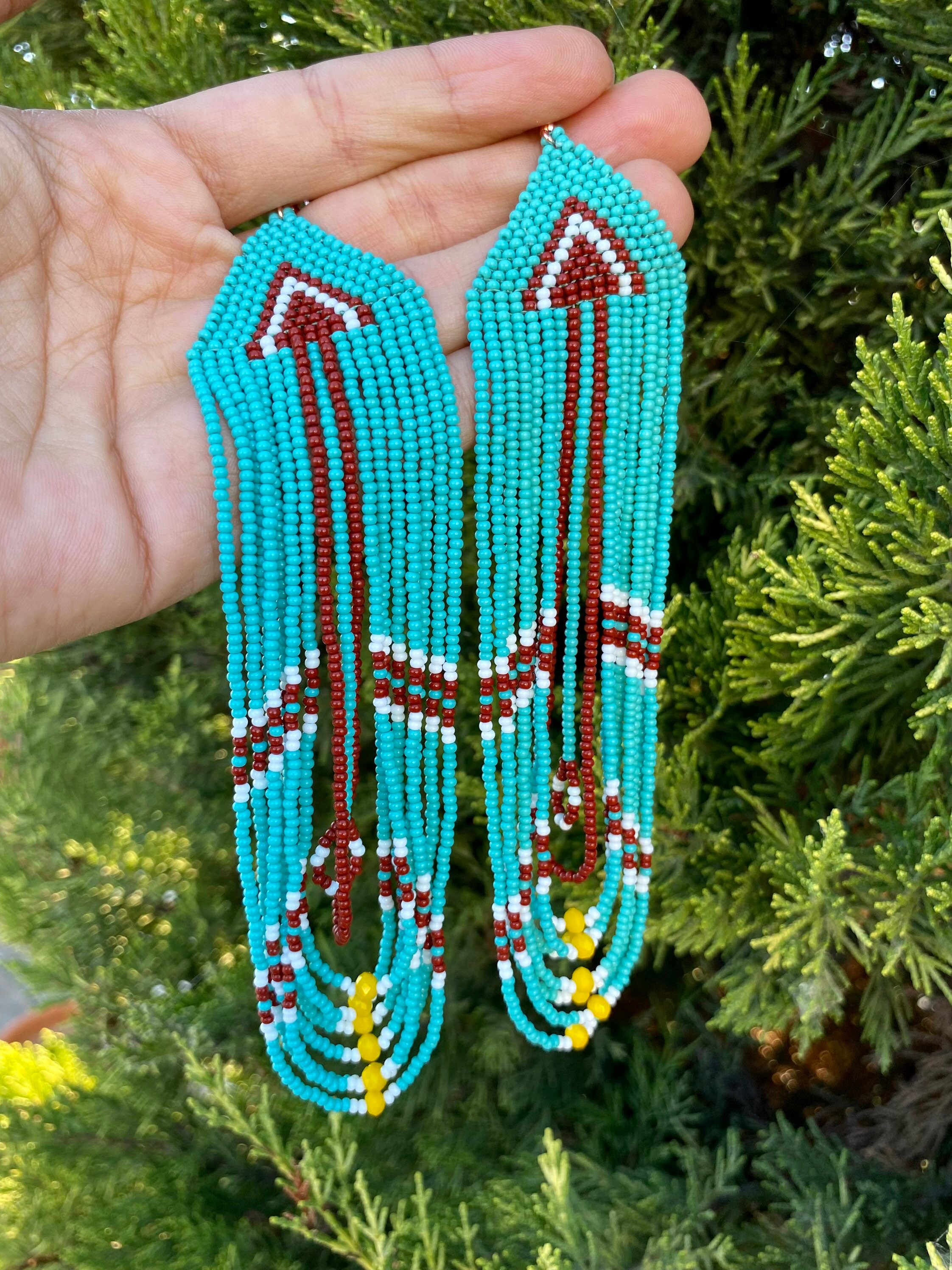 Extra Long Turquoise Beaded Fringe Earrings Seed Bead - Etsy