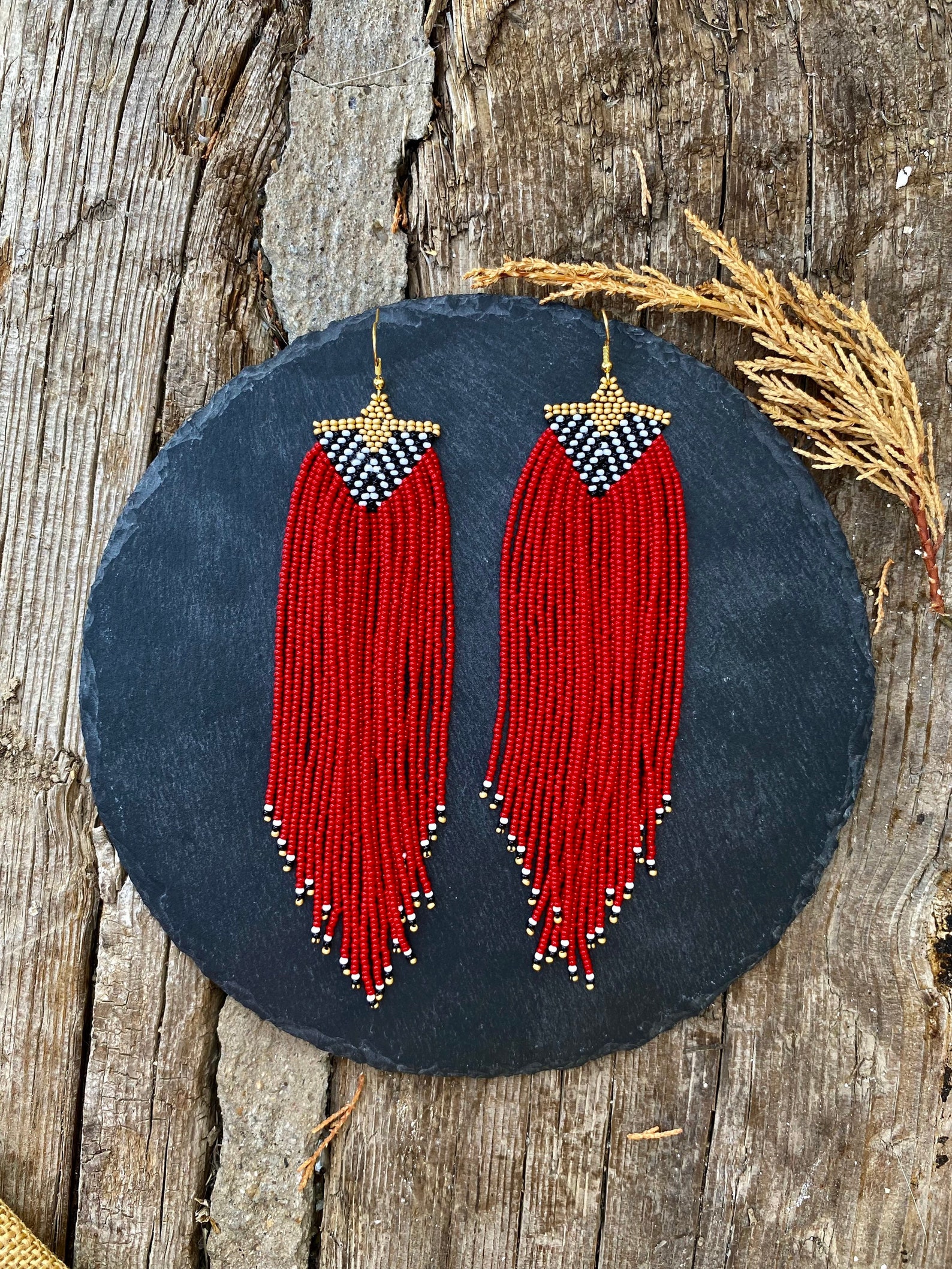 Extra Long Red Beaded Fringe Earrings, Seed Bead Earrings Dangle Boho ...