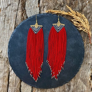 Extra Long Red Beaded Fringe Earrings, Seed Bead Earrings Dangle Boho ...