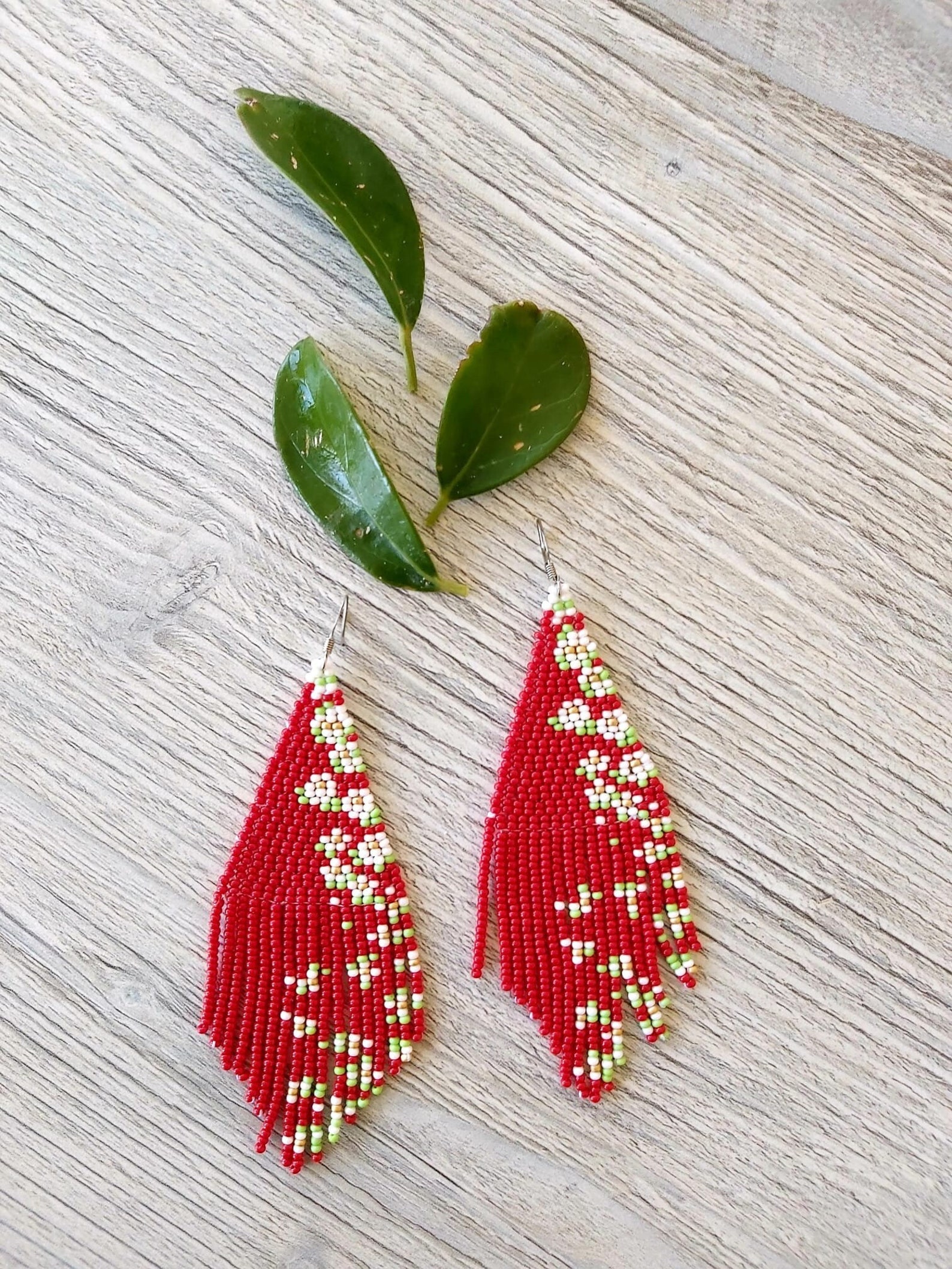 Red Floral Beaded Fringe Earrings Seed Bead Earrings Dangle - Etsy