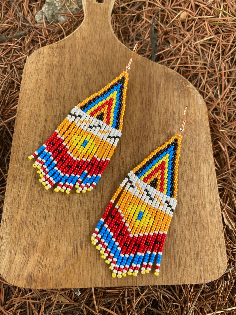 Geometric Beaded Earrings, Native Beaded Fringe Earrings,shoulder ...