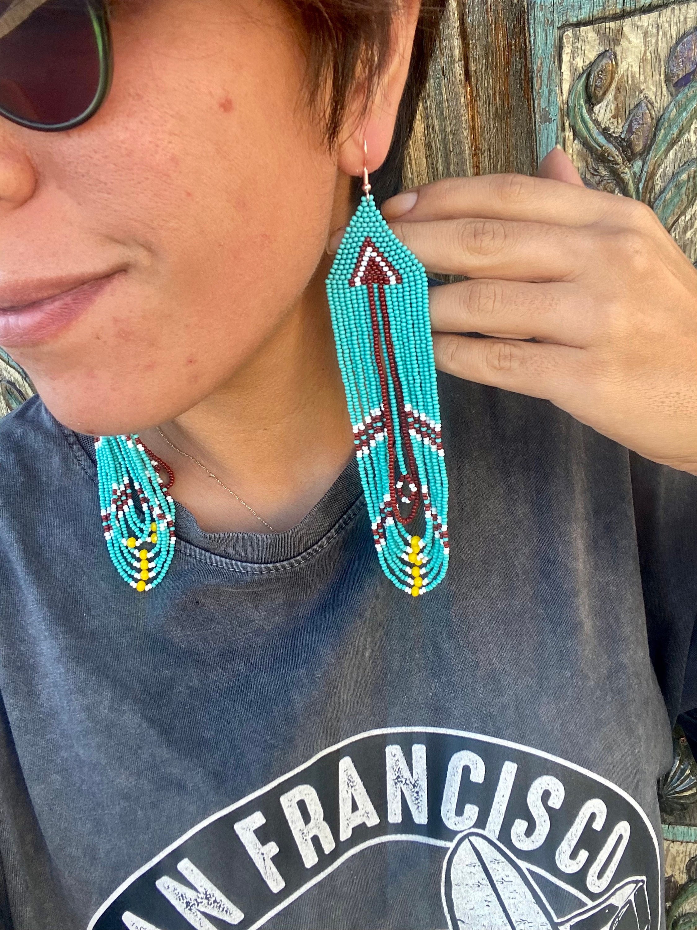 Extra Long Turquoise Beaded Fringe Earrings Seed Bead - Etsy